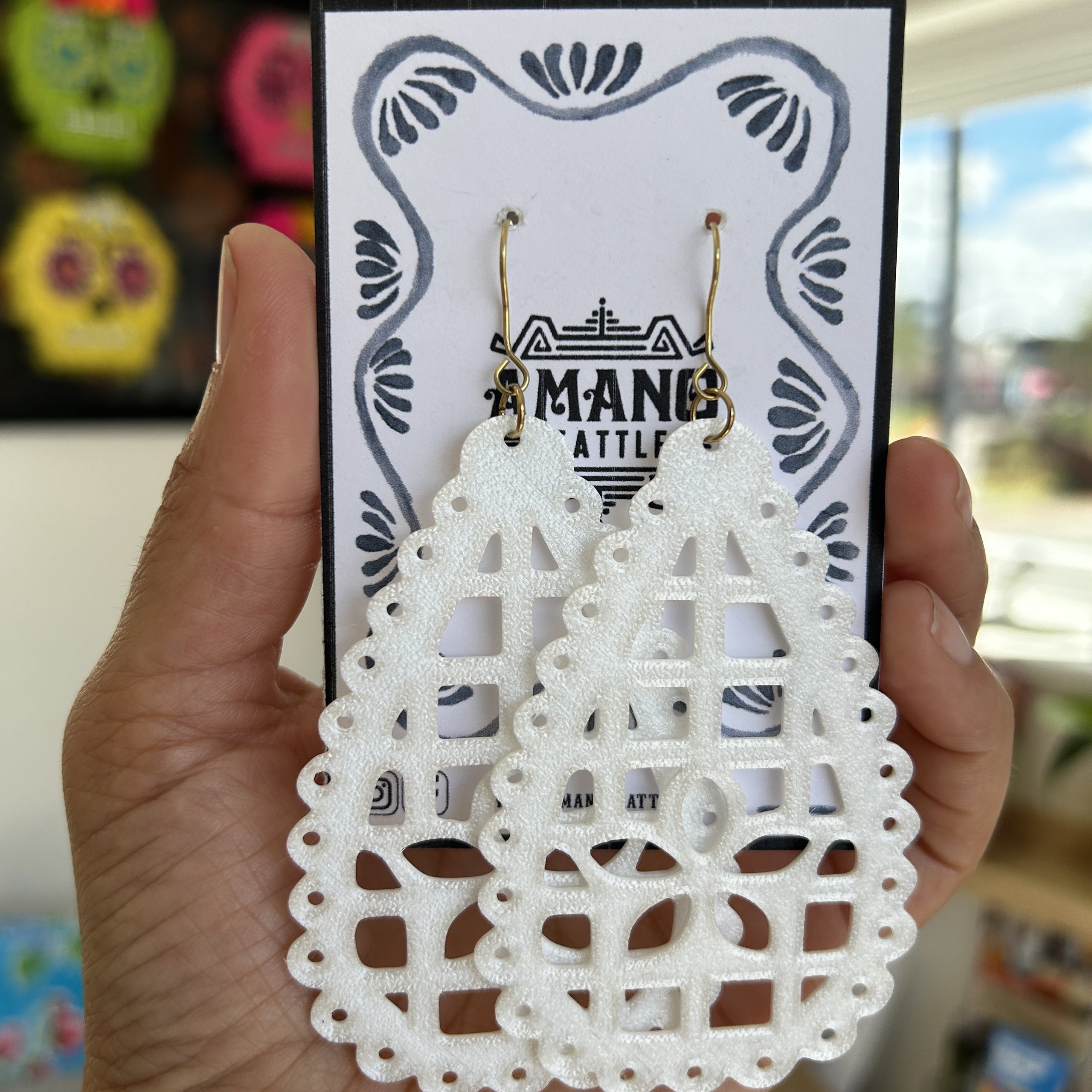 3d printed Papel picado earrings pearl white | Amano Seattle